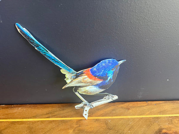 Metal Blue Wren on small branch - Faeren Designs